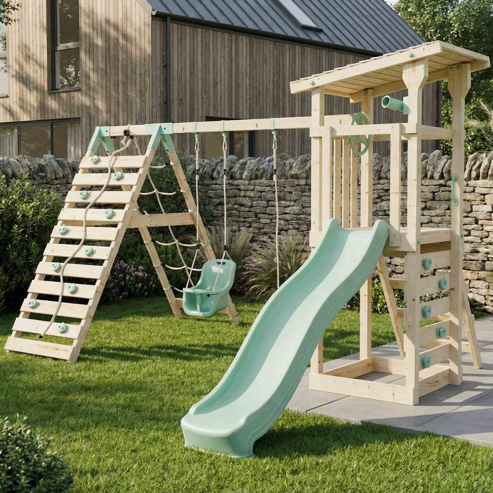Climbing Frame With Double Swing & Climbing Wall - Willow Way IX – Waltons